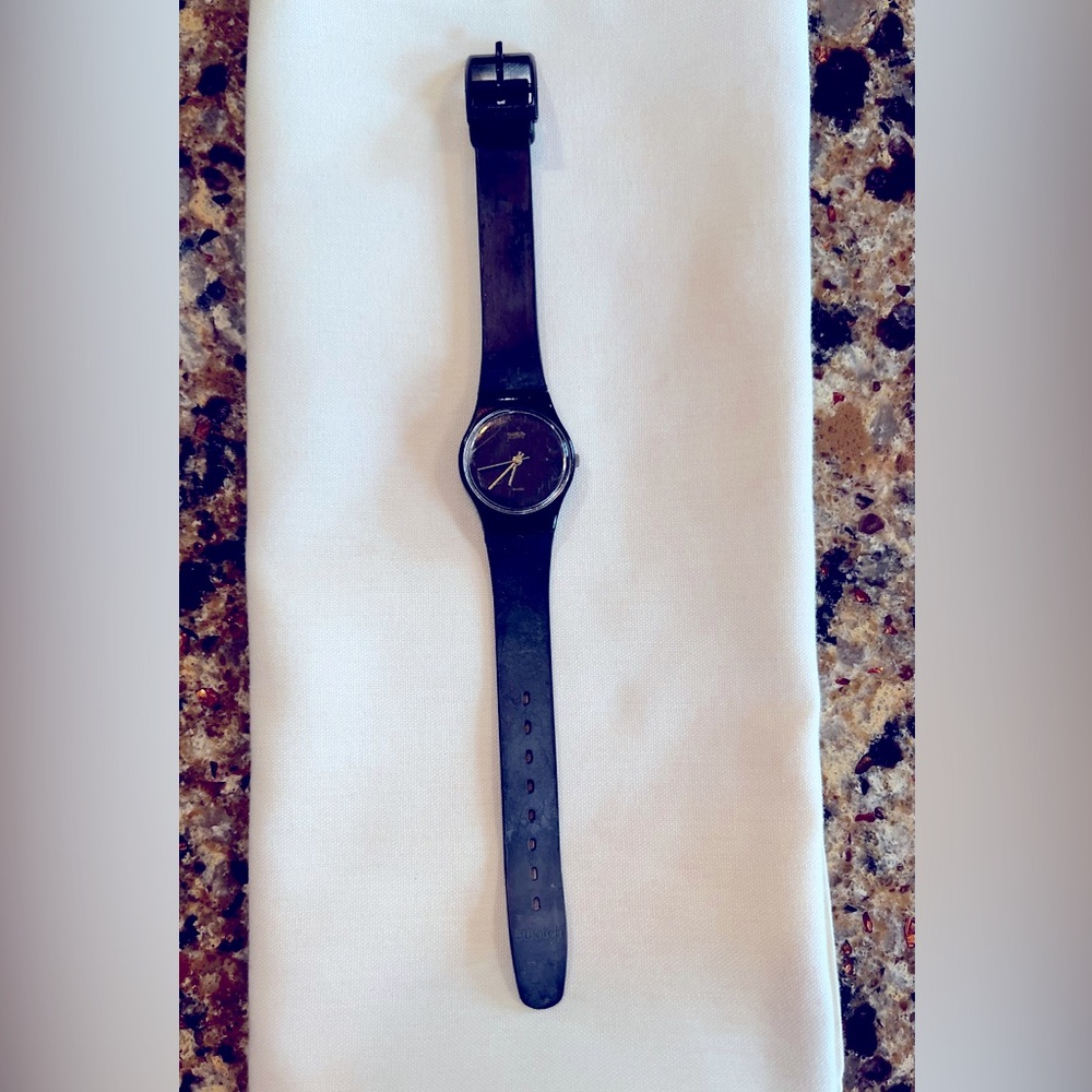 Swatch Watch Classic! Black Face And Band With Gold H… - Gem